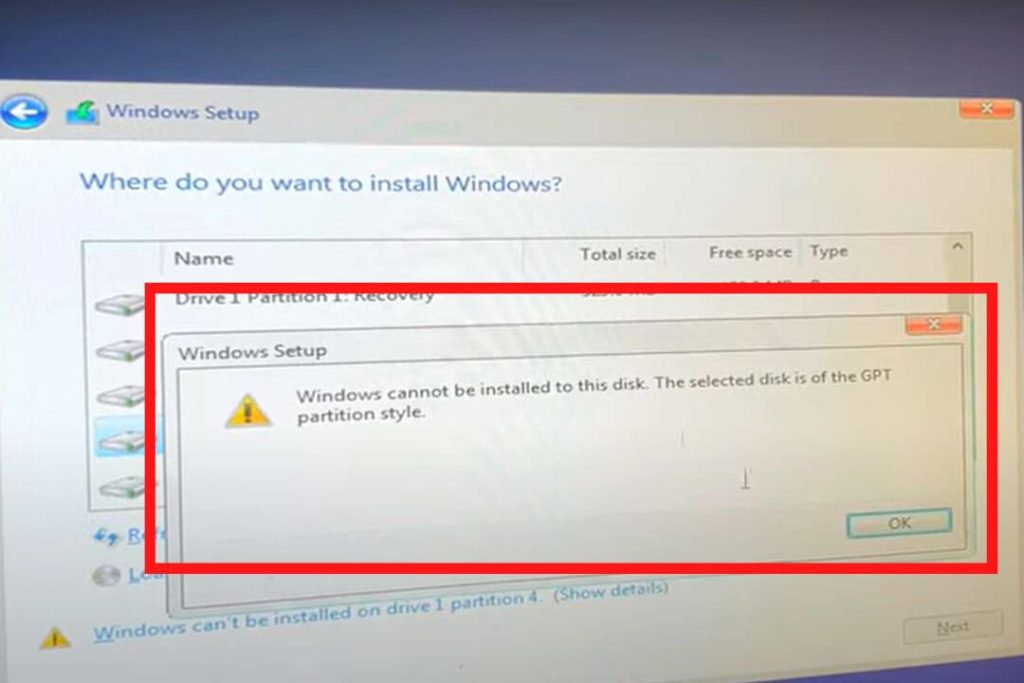 Fix Windows Cannot Be Installed On This Disk The Selected Disk Is Of The Gpt Partition Style